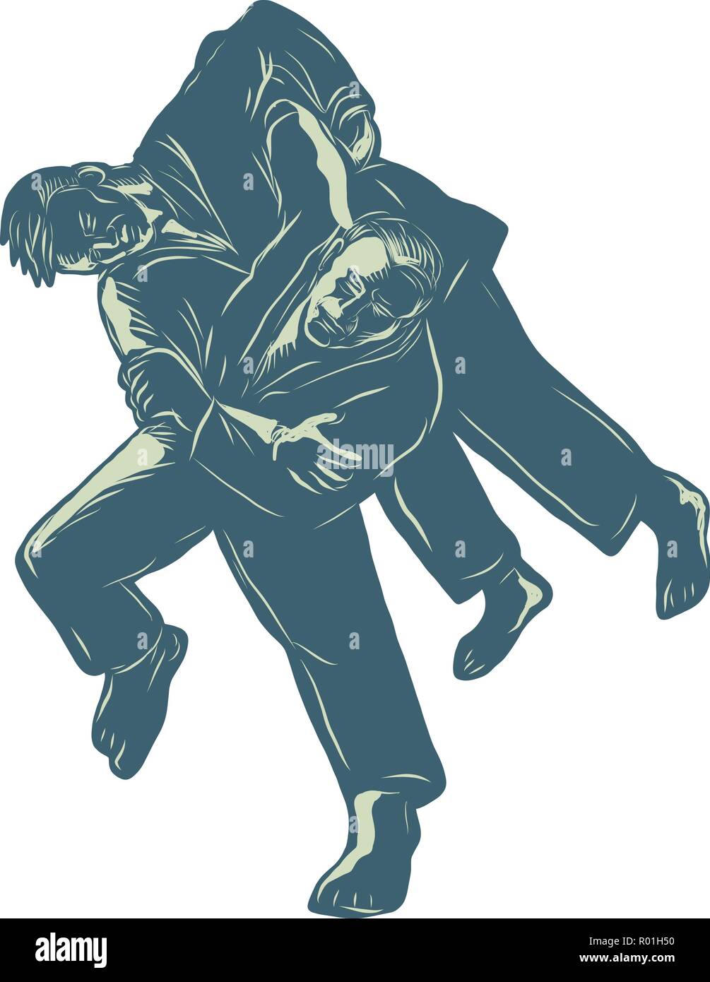 Scratchboard style illustration of a judoka throwing an opponent in ...