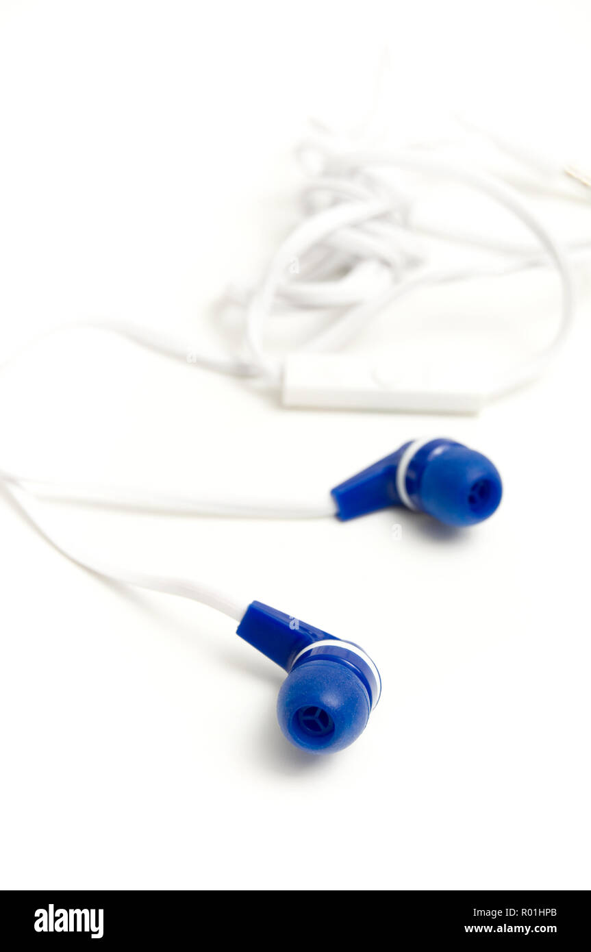 Small Blue Earphones Isolated on White Background Stock Photo - Alamy