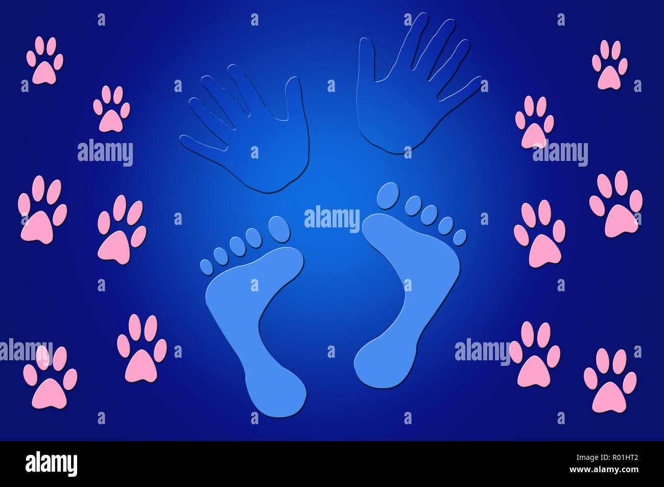 Beautiful Illustration of Light Blue Foot Steps, Hans Prints and Dog ...