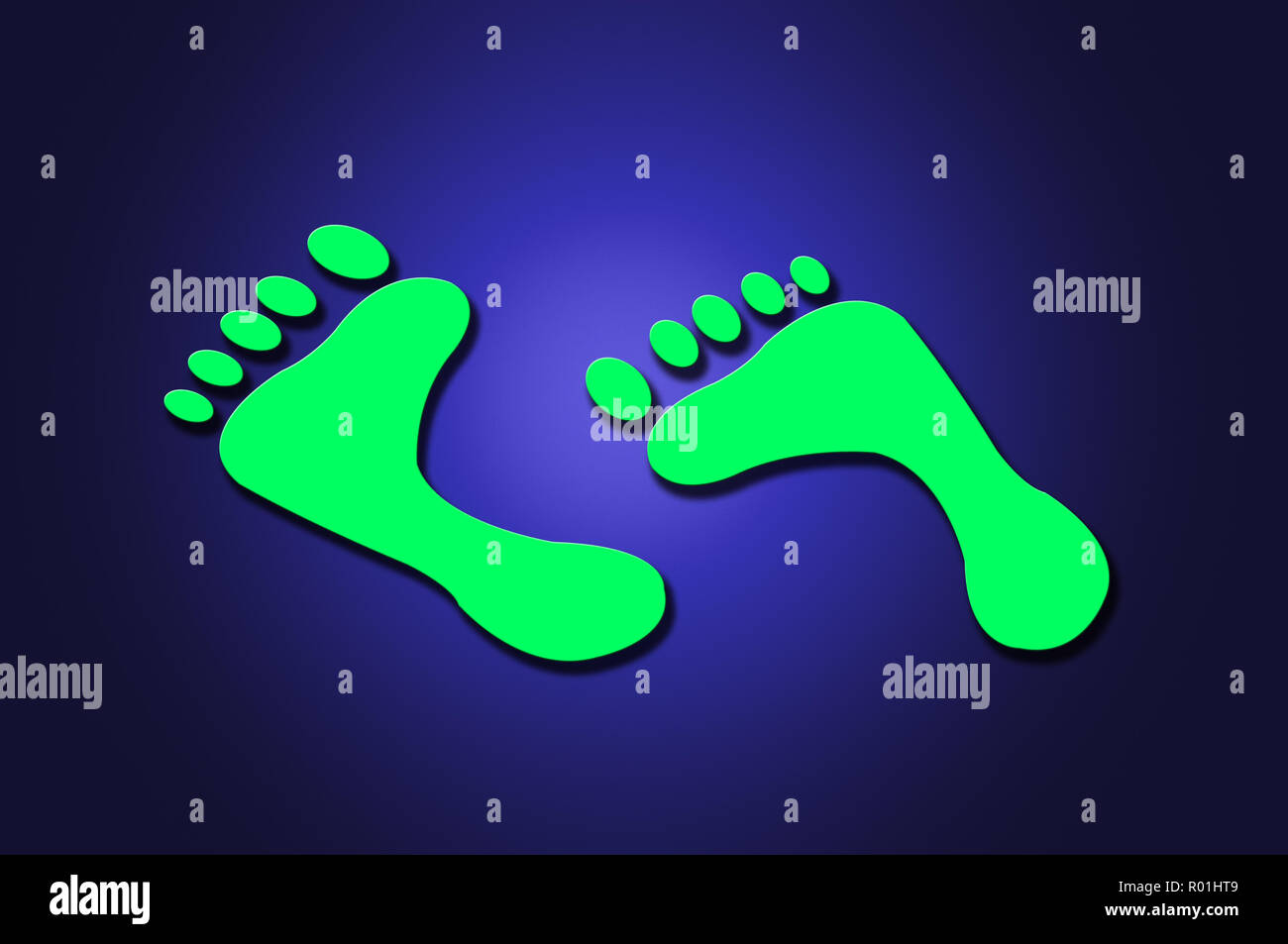 Horizontal Lime Green Foot Prints on Blue Background Stock Photo - Alamy