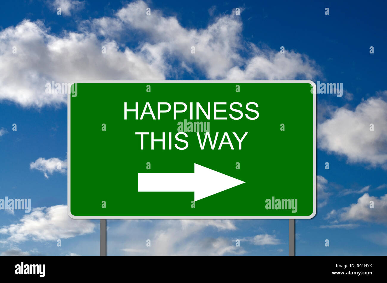 Green Road Sign with Happiness This Way Message with Blue sky and Puffy ...