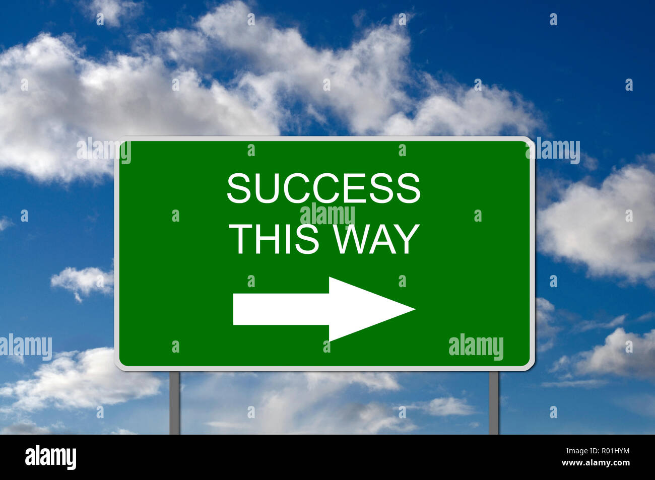 Green Road Sign with Success This Way Message with Blue sky and Puffy ...