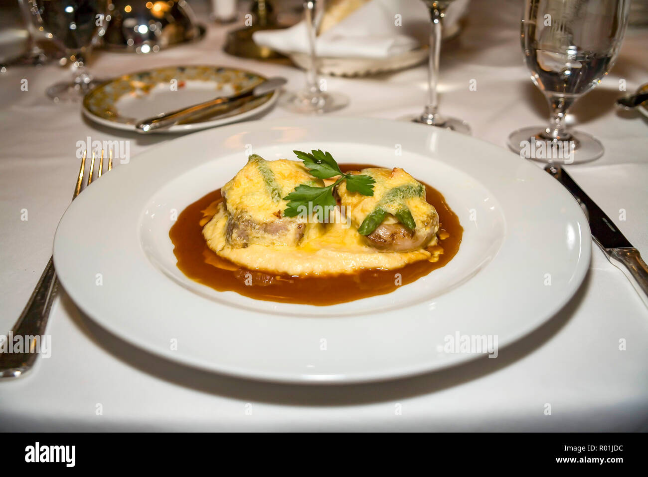 Main course of meal served in main dining room of Oceania Cruise ship ...