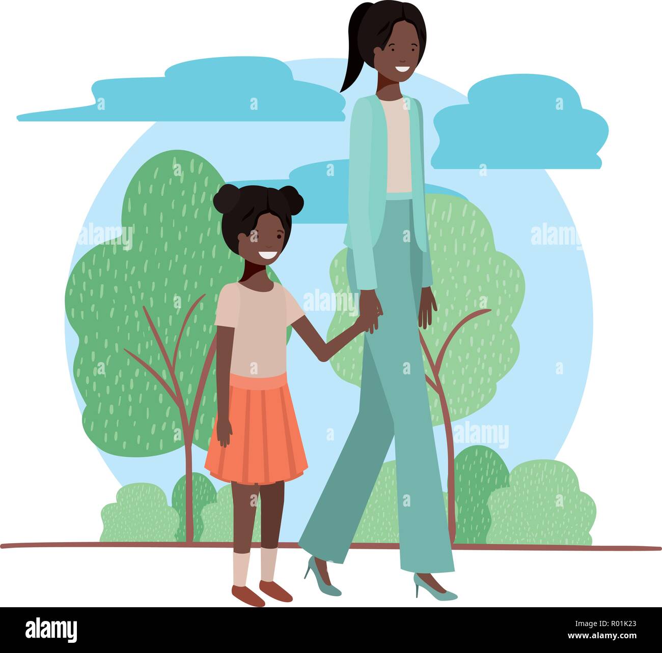 mother and daughter in landscape avatar character vector illustration ...