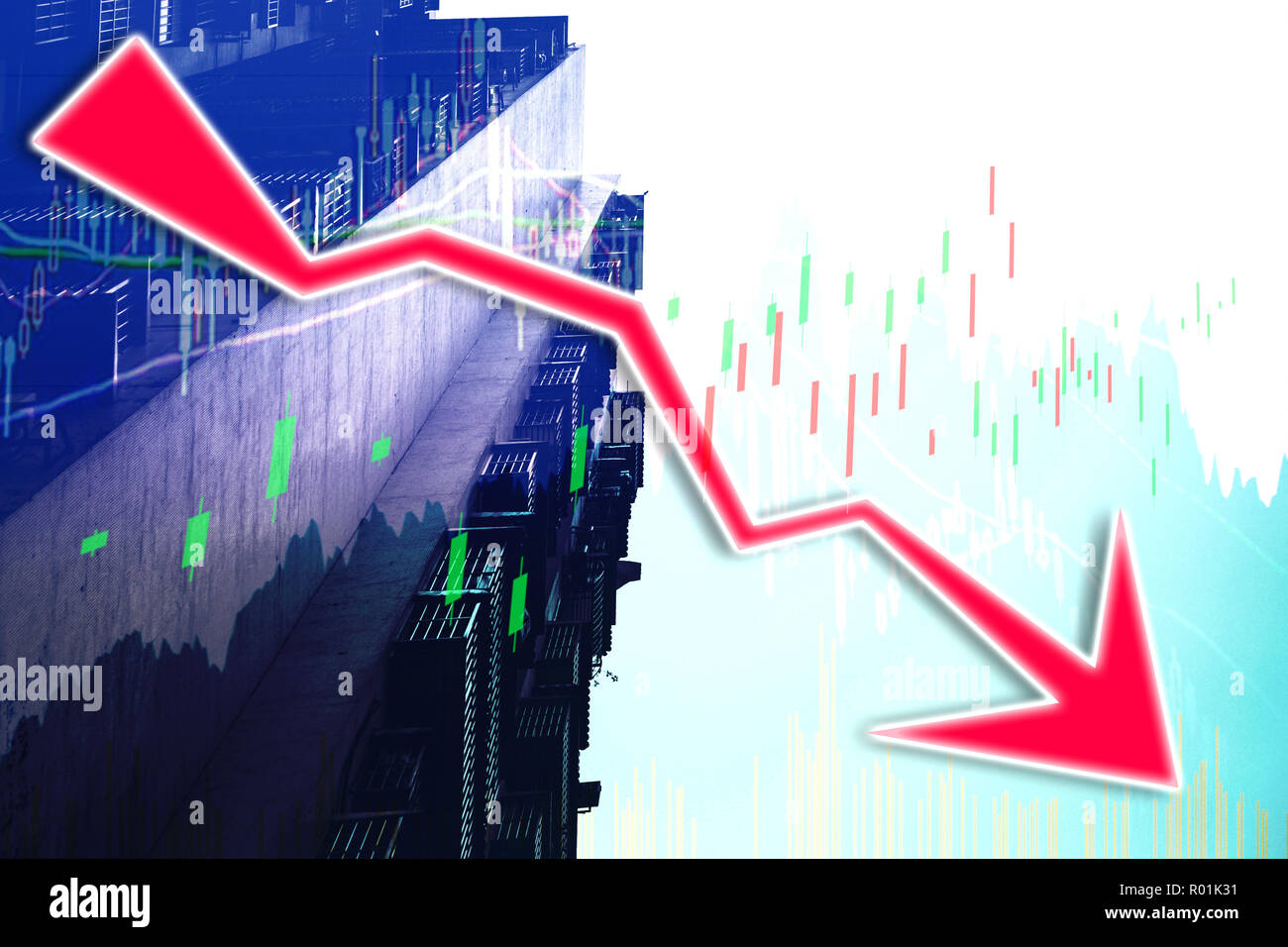 Graph index of stock market with office building (red bear chart Stock ...