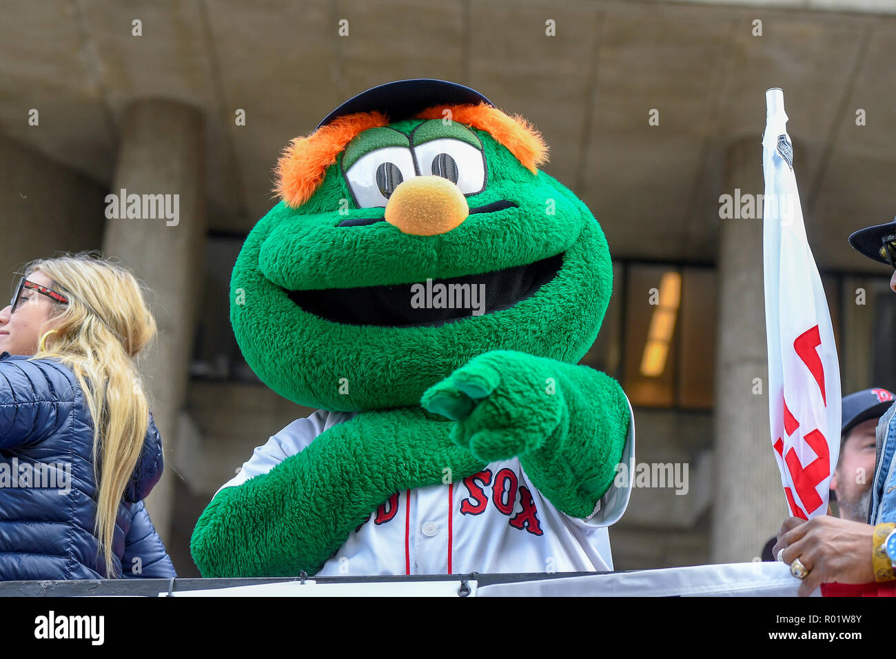 Boston, Mass. 31st Oct, 2018. Boston Red Sox mascot Wally rides in a ...
