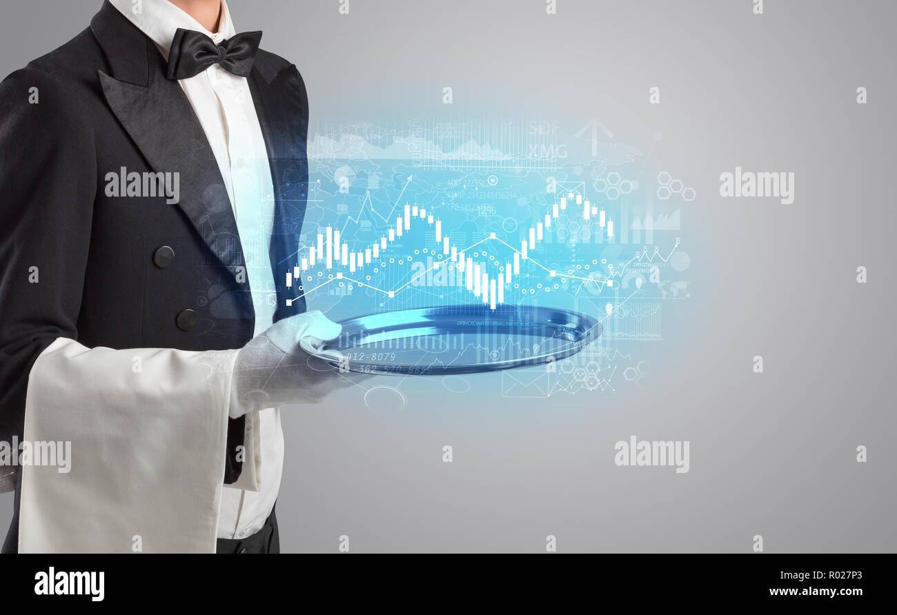 Waiter serving fluctuation concept and charts on a tray Stock Photo - Alamy