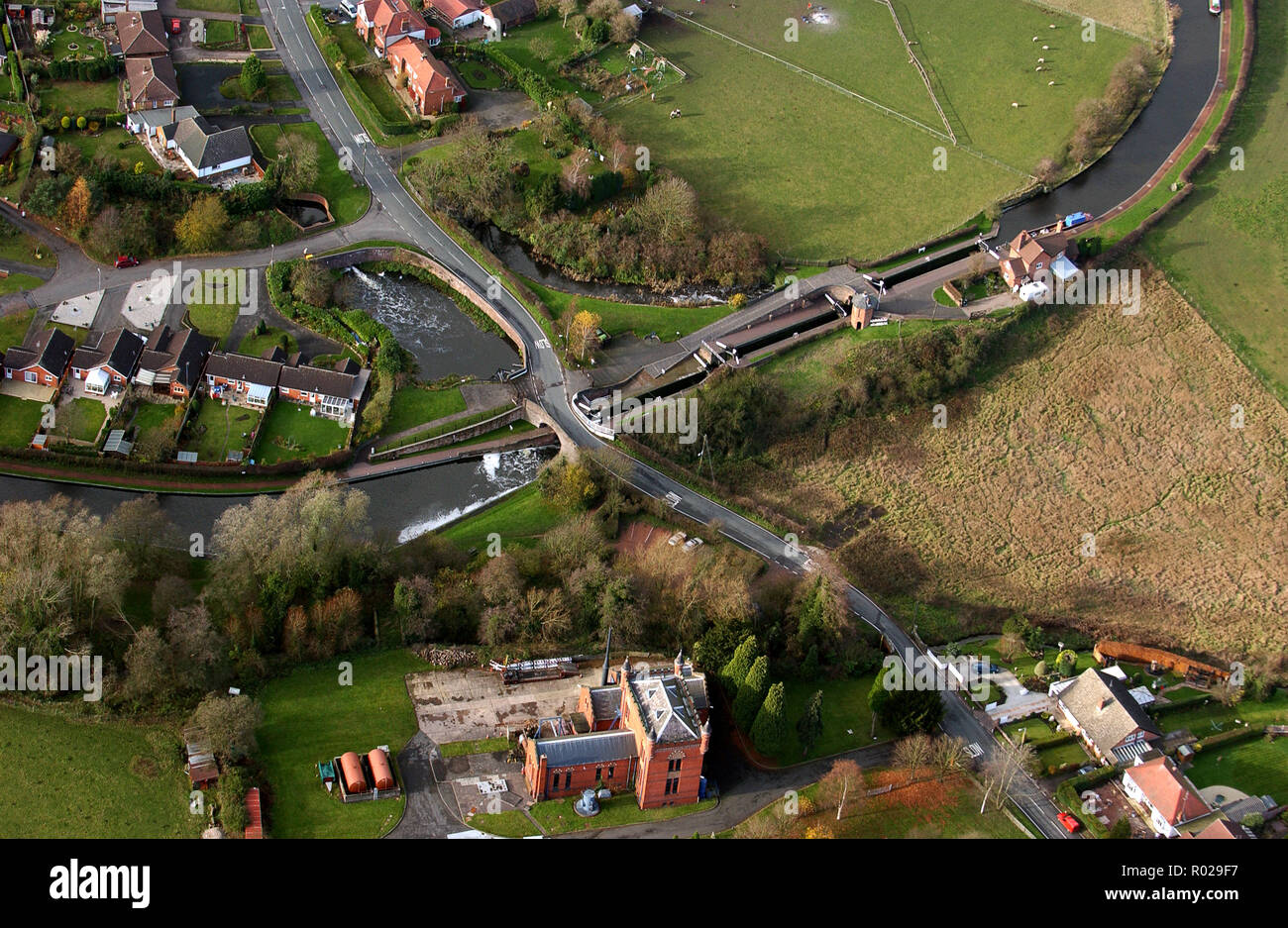 Aerial view of Bratch Locks on the Staffordshire and Worcester Canal at ...