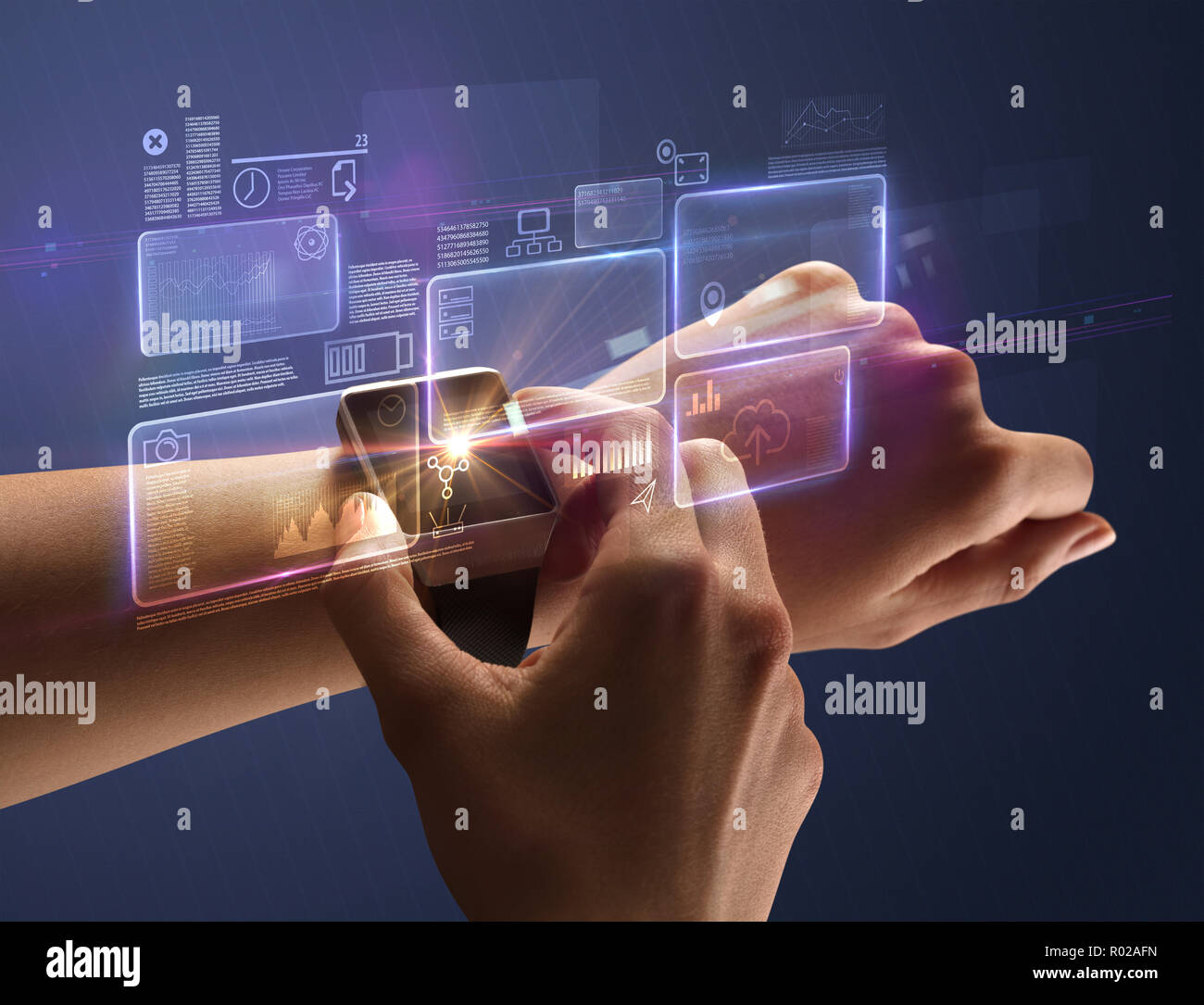 Female hand wearing smartwatch with statement labels around and dark ...