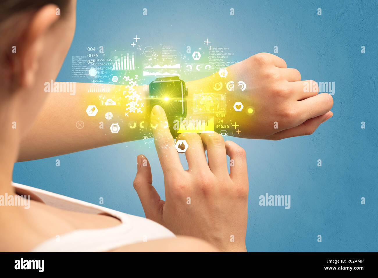 Hand with smartwatch and health medical tracker concept Stock Photo - Alamy
