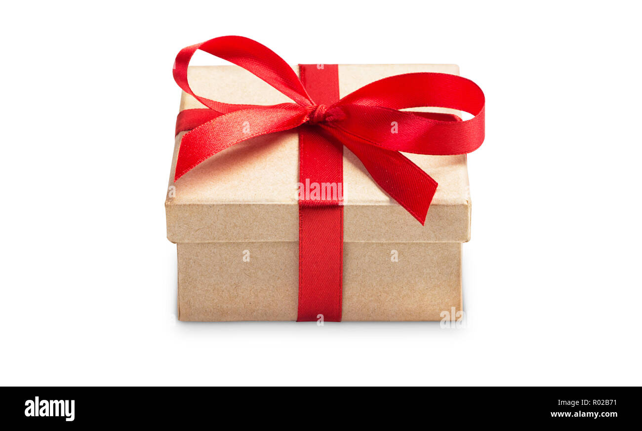 Small square gift box tied with red ribbon isolated on white background ...