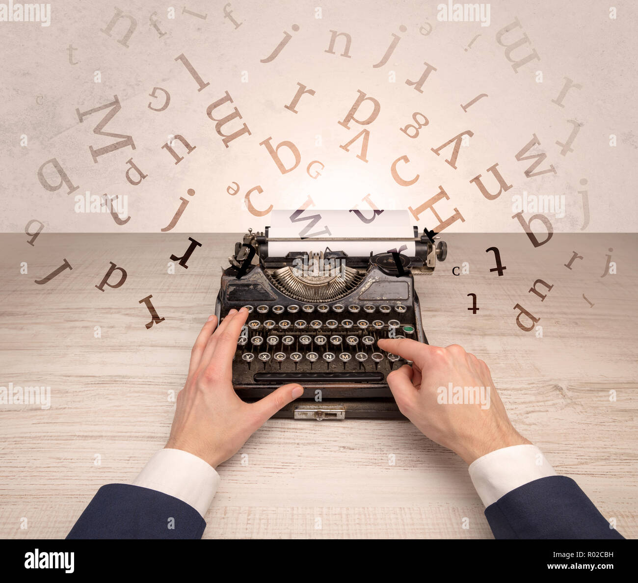 First person perspective elegant hand writing on typewriter with flying ...