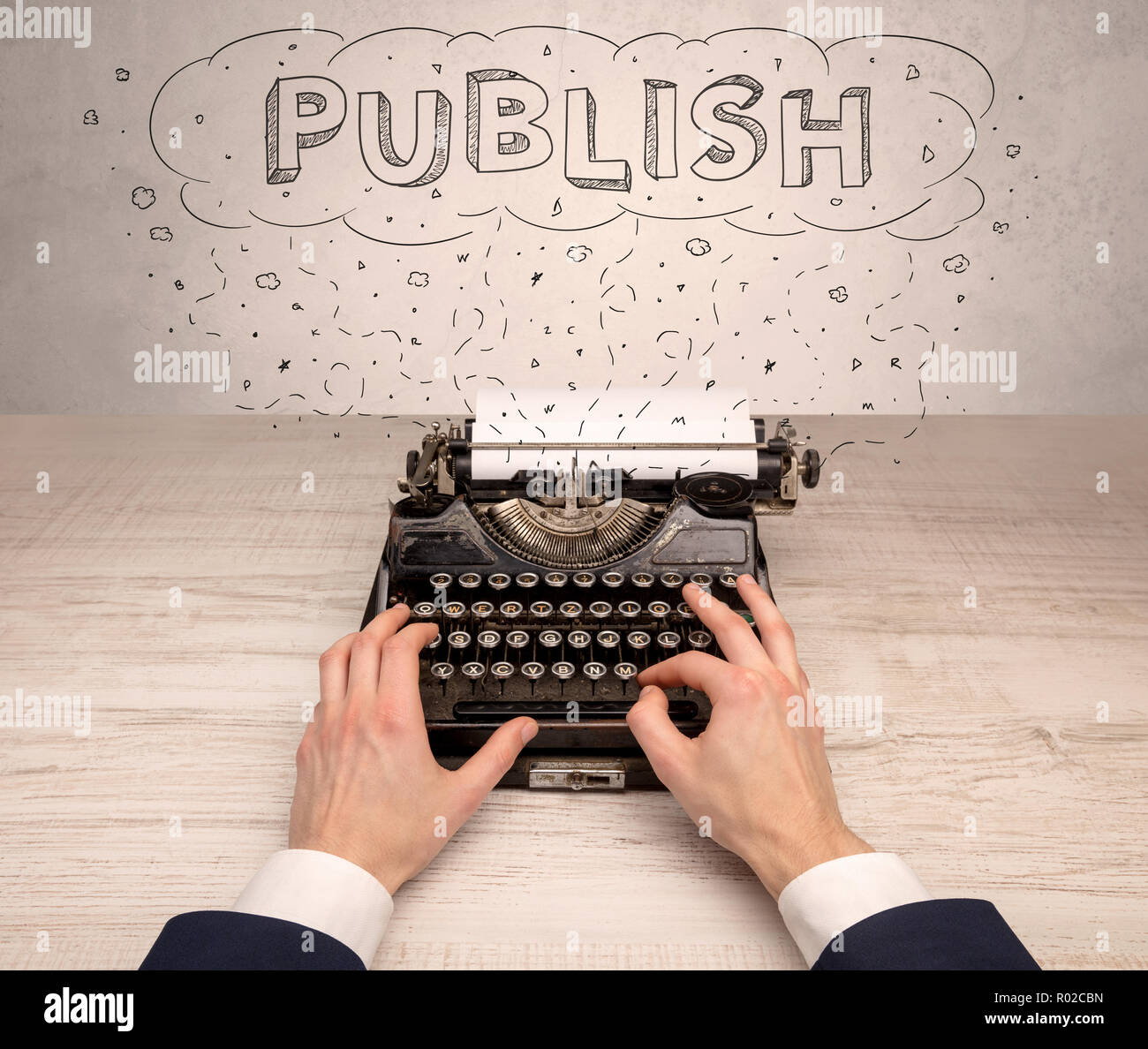 First person perspective hand writing on typewriter with cloud message ...