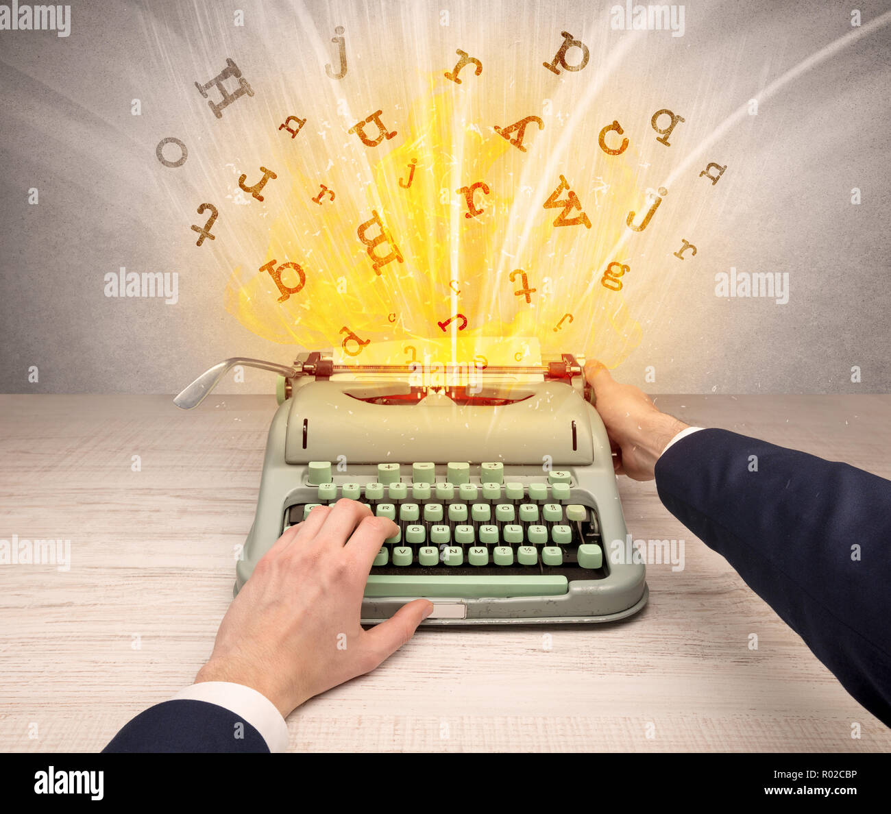 First person perspective image with exploding letters from a vintage ...