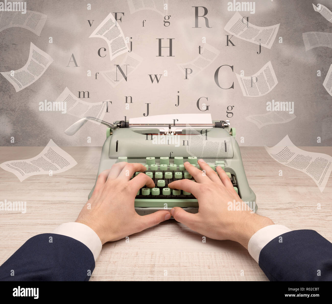 First person perspective hand typewriting with flying documents around ...