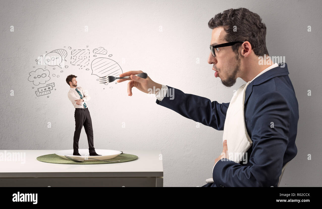 Big businessman want to eat small man with cloud messages above his ...