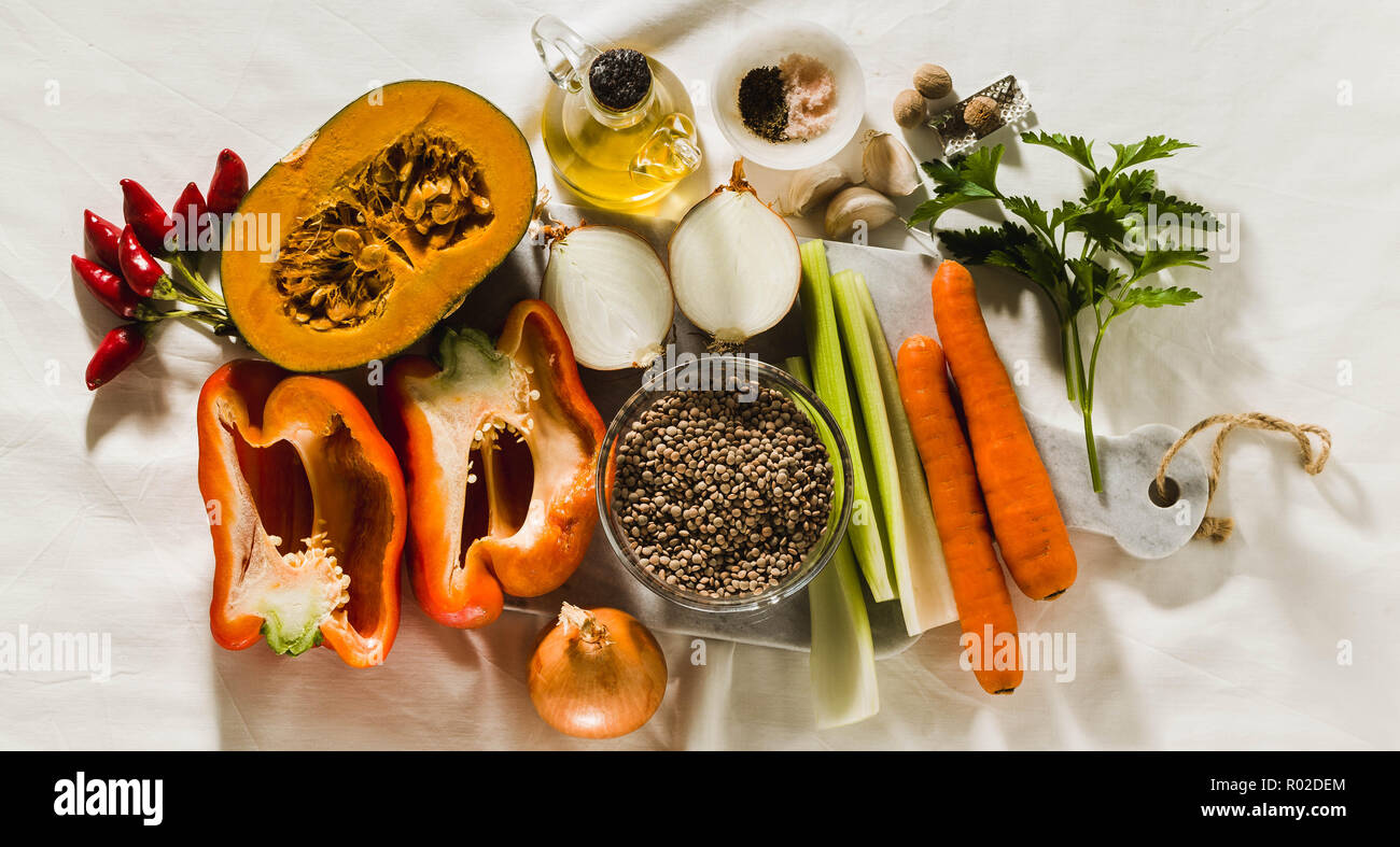 banner of Autumn food ingredients on the table. rich healthy food Stock ...