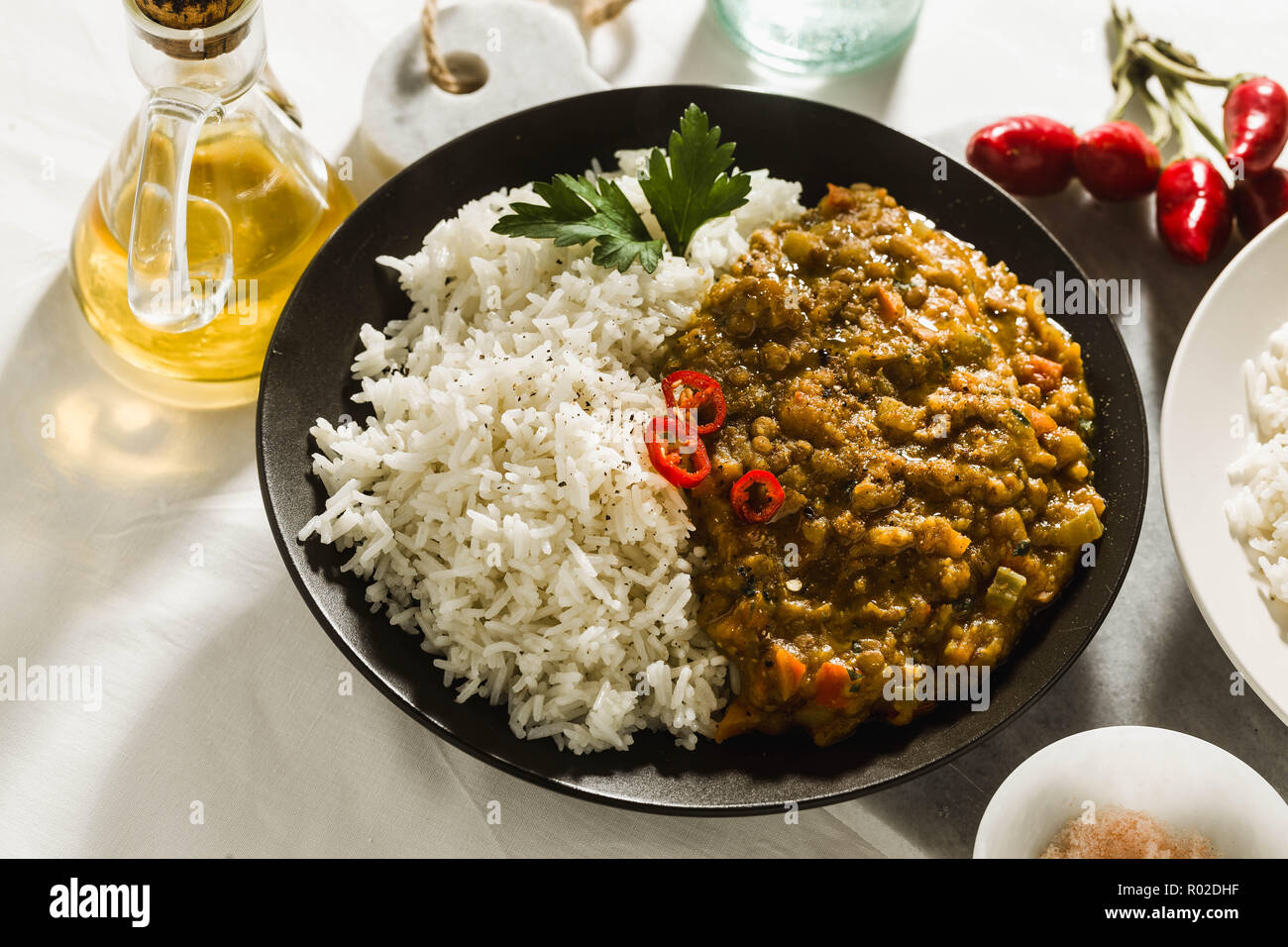 Basmati rice with curry from vegetables and lentils. Healthy spicy ...