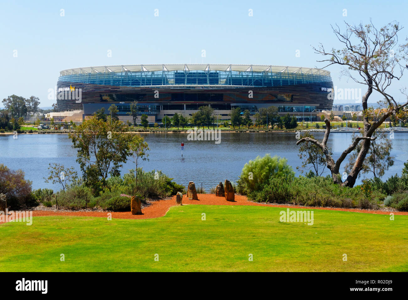 View from Claisebrook across the Swan River to Optus Stadium, Perth ...