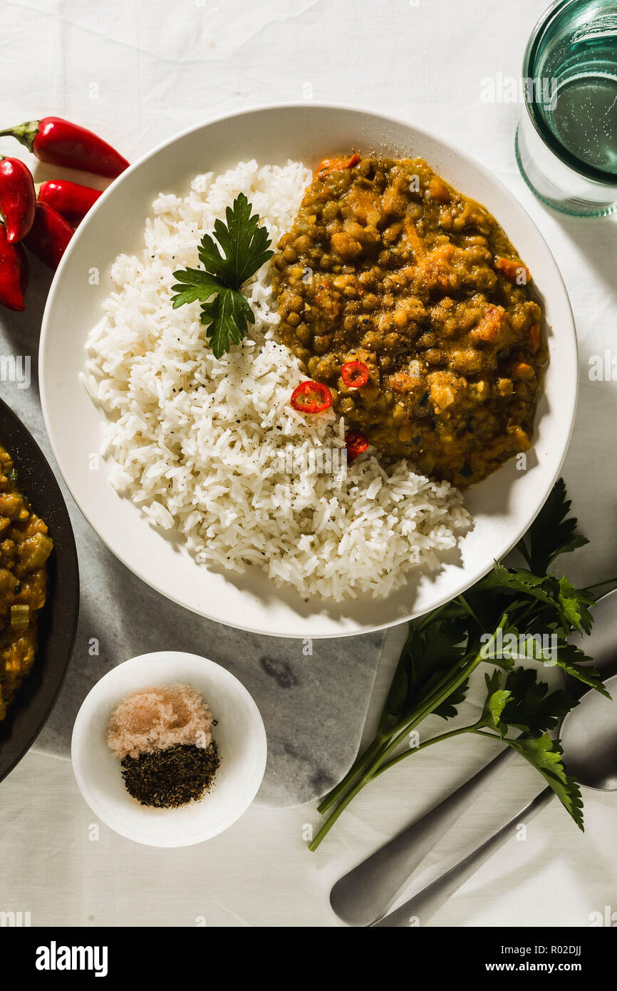 Basmati rice with curry from vegetables and lentils. Healthy spicy ...