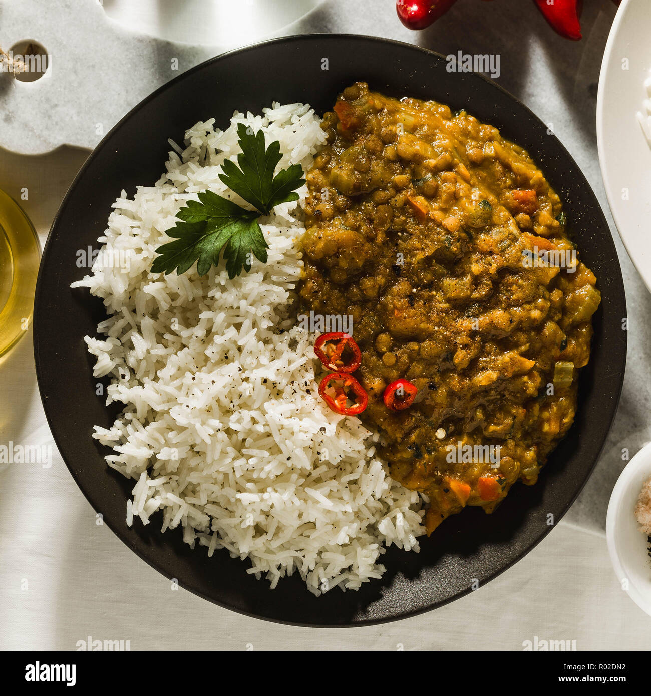 Basmati rice with curry from vegetables and lentils. Healthy spicy ...