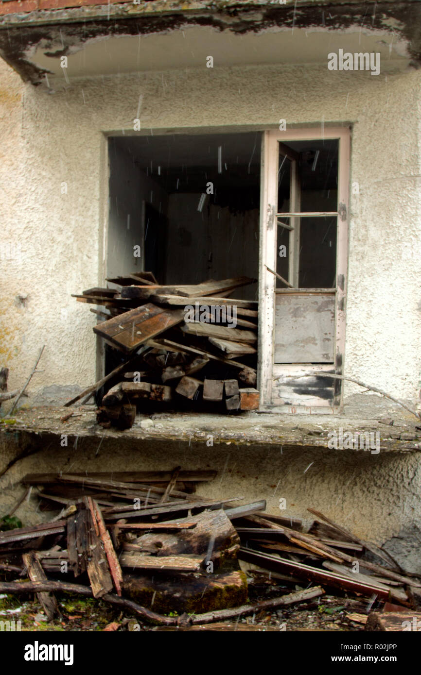 balcony ruins of a Ghost town in Asian mountains. Houses apartments ...