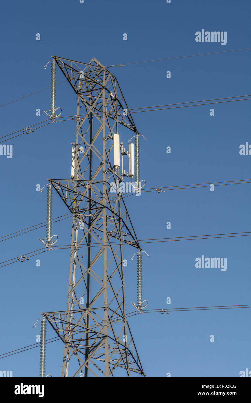 UK high voltage electricity pylon. Showing arcing horns, glass ...