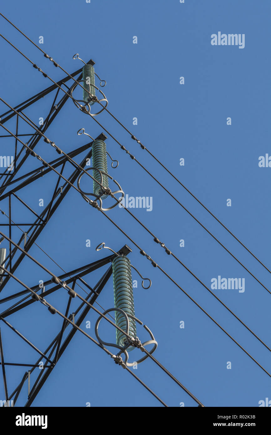 UK high voltage electricity pylon. Showing arcing horns, glass ...