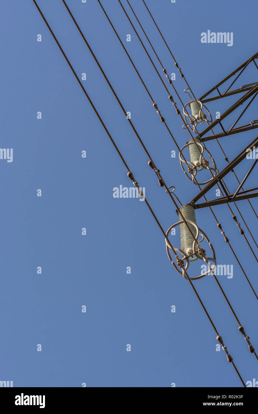UK high voltage electricity pylon. Showing arcing horns, glass ...