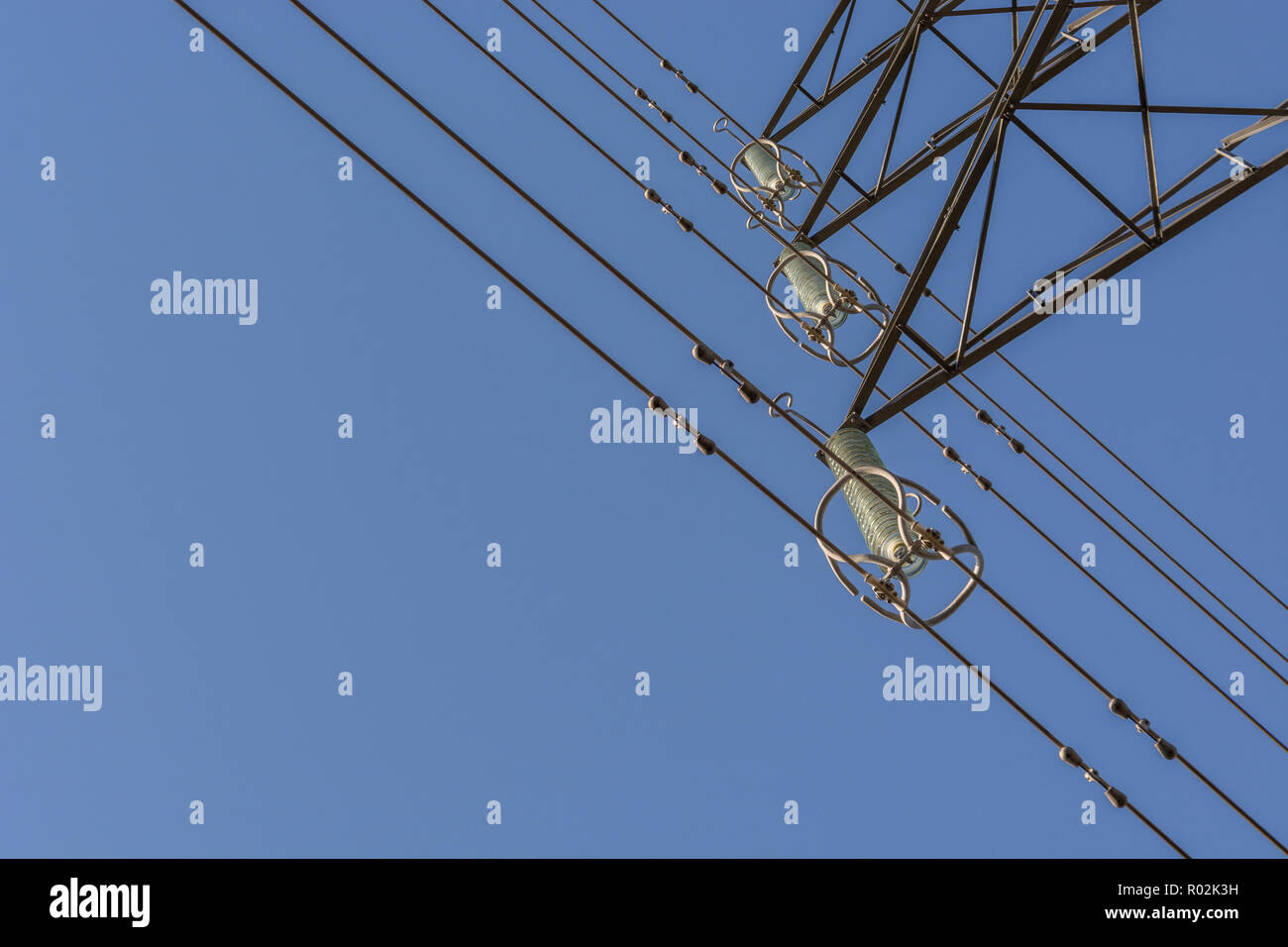UK high voltage electricity pylon. Showing arcing horns, glass ...
