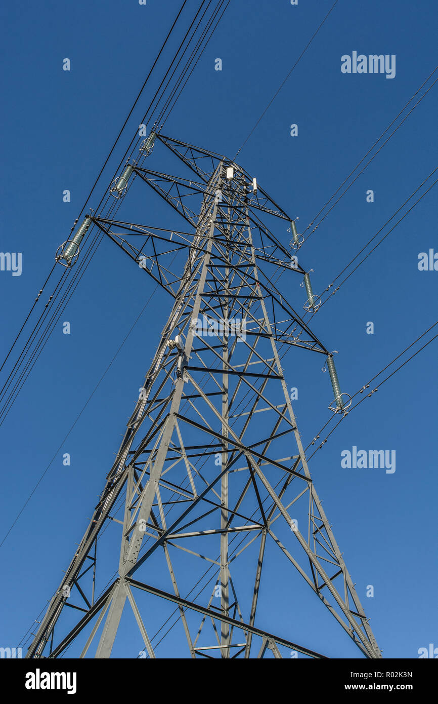 UK high voltage electricity pylon. Showing arcing horns, glass ...