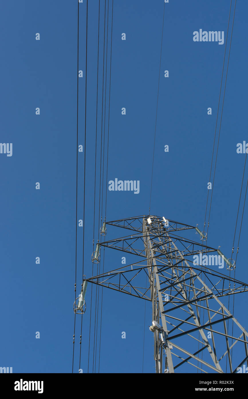 UK high voltage electricity pylon. Showing arcing horns, glass ...