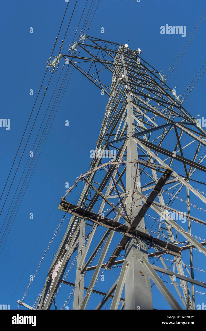UK high voltage electricity pylon. Showing arcing horns, glass ...