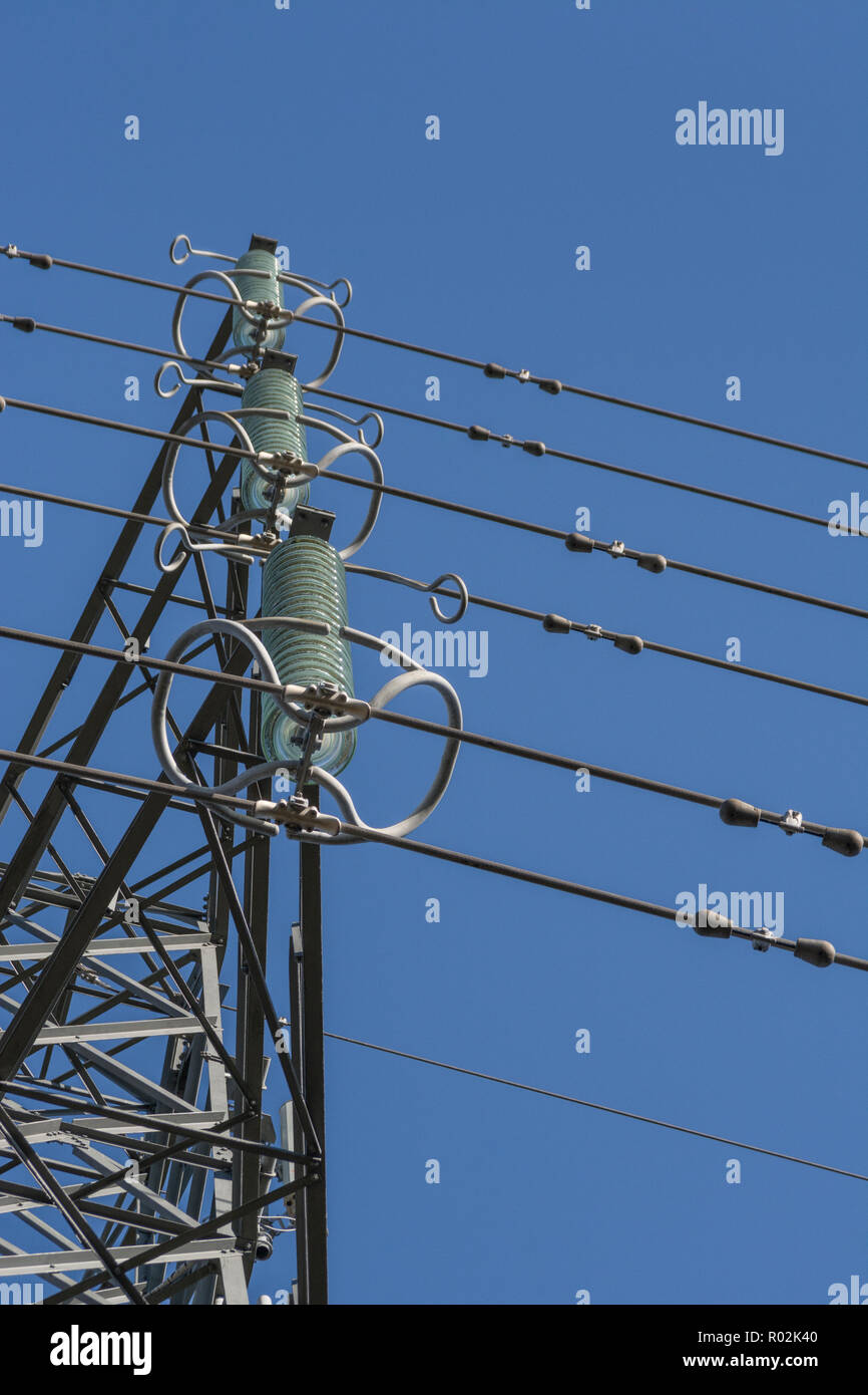 UK high voltage electricity pylon. Showing arcing horns, glass ...