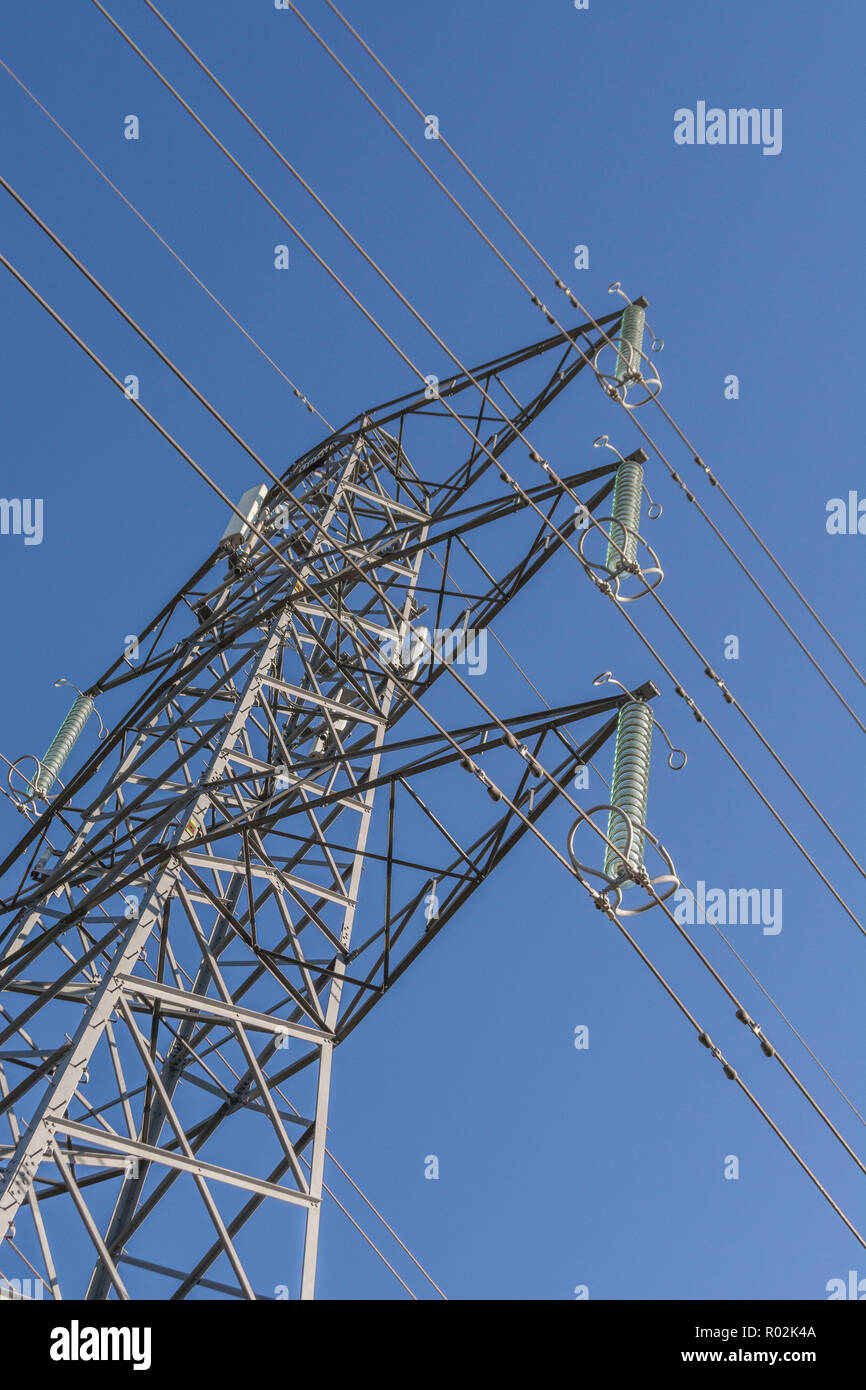 UK high voltage electricity pylon. Showing arcing horns, glass ...