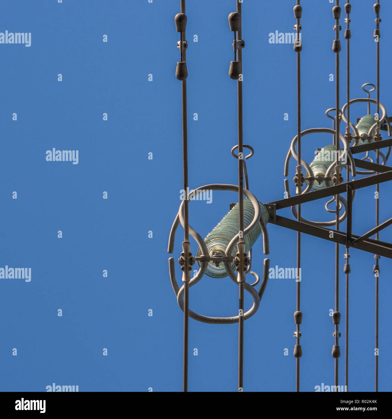 UK high voltage electricity pylon. Showing arcing horns, glass ...
