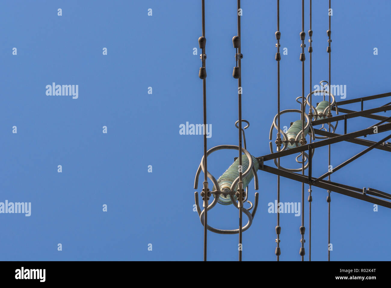 UK high voltage electricity pylon. Showing arcing horns, glass ...