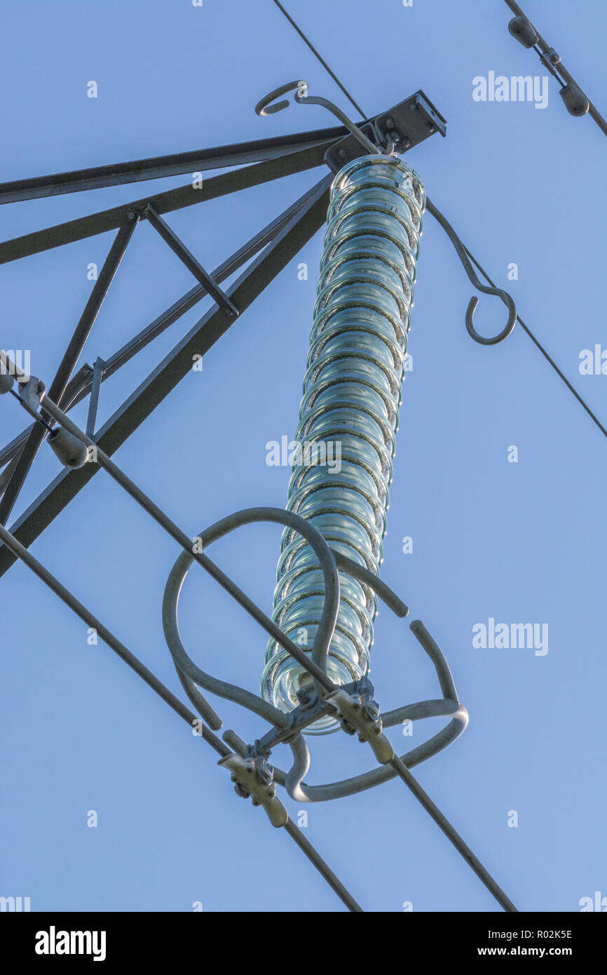UK high voltage electricity pylon. Showing arcing horns, glass ...
