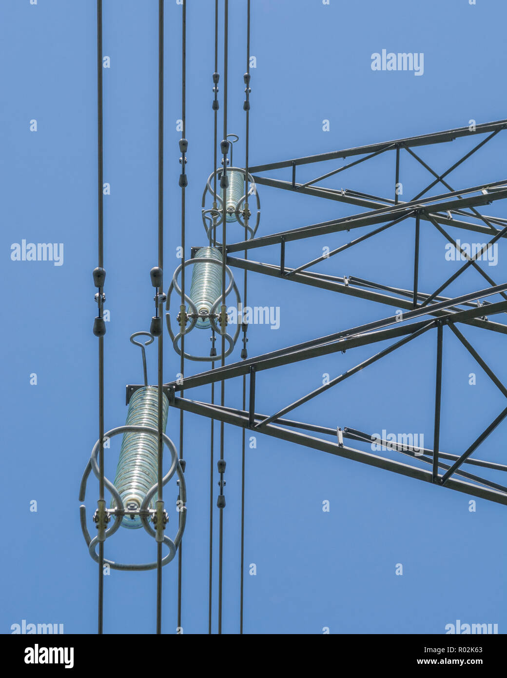 UK high voltage electricity pylon. Showing arcing horns, glass ...
