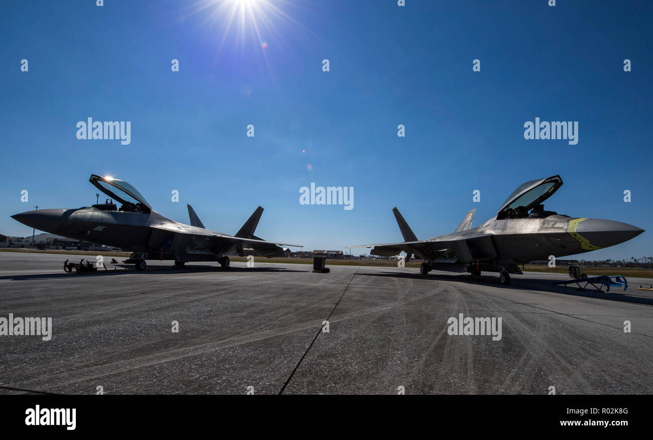 F-22 Raptor fighter aircraft shown before takeoff at Tyndall Air Force ...