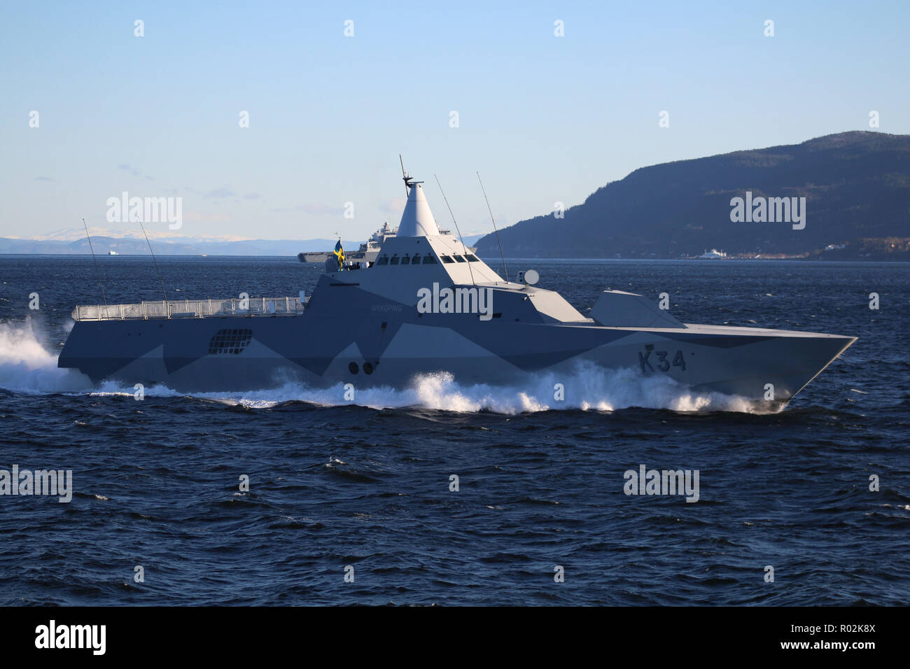 Swedish corvette HSwMS Nyköping sailing in Trondheim Fjord in Norway ...