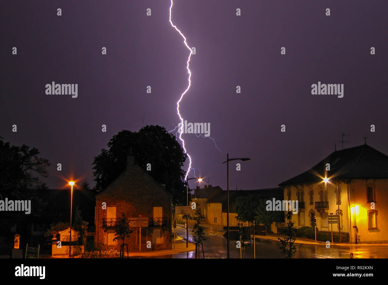 Lightning flashes over french Village at night, Burgundy, France Stock ...
