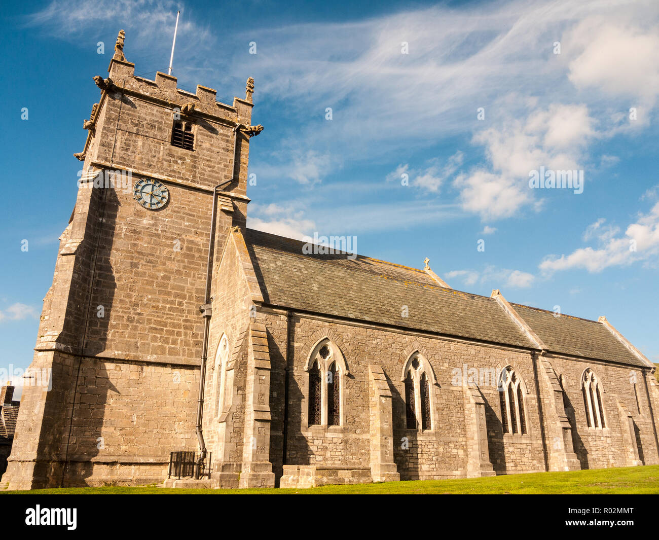 beautiful christian church corfe castle dorset full view summer blue ...