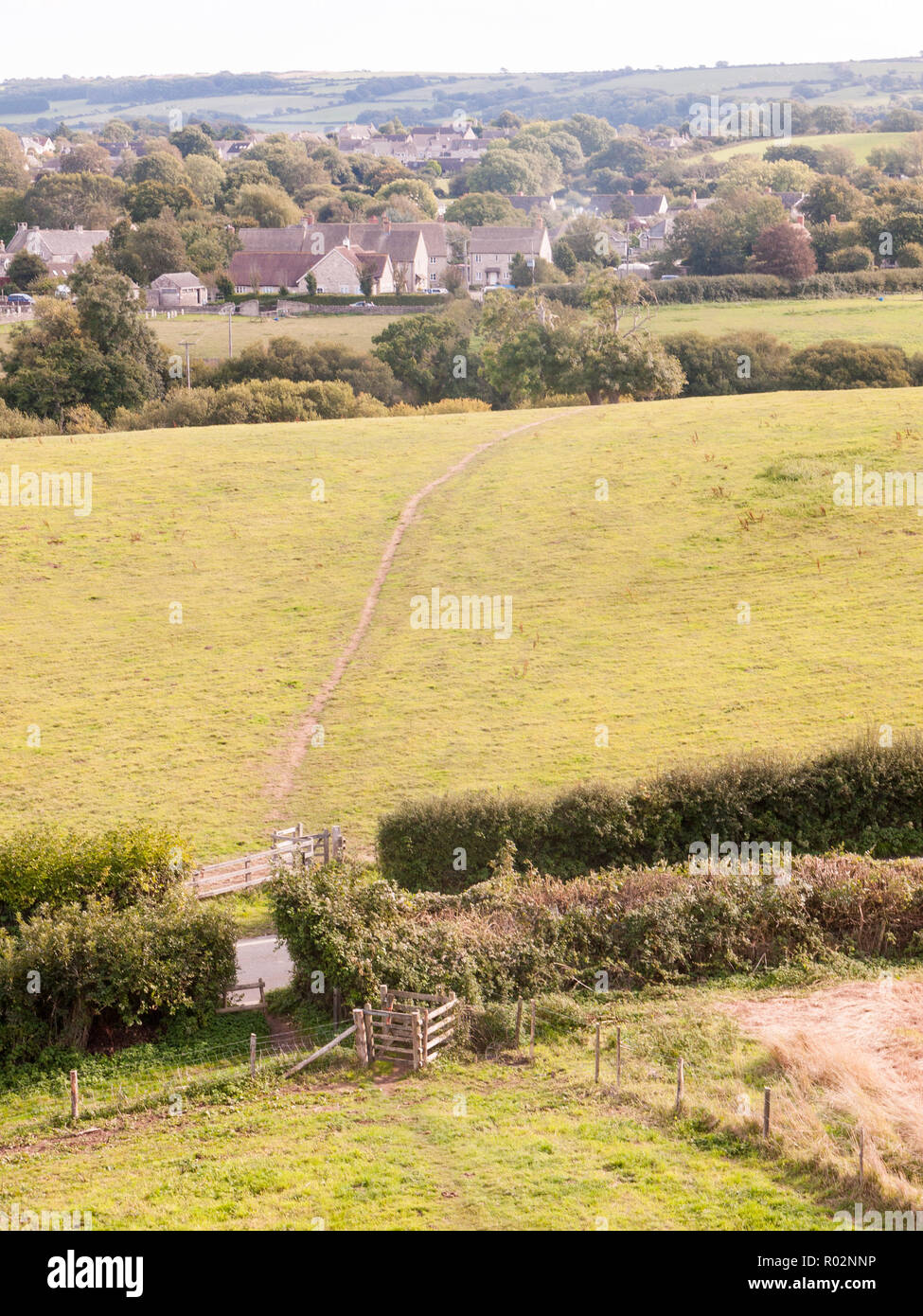 country landscape path trail through field summer day; Dorset; England ...