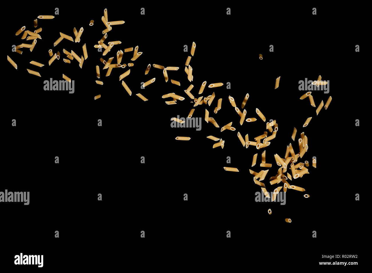 Flying pasta isolated on black background. Abstract macaroni falling ...