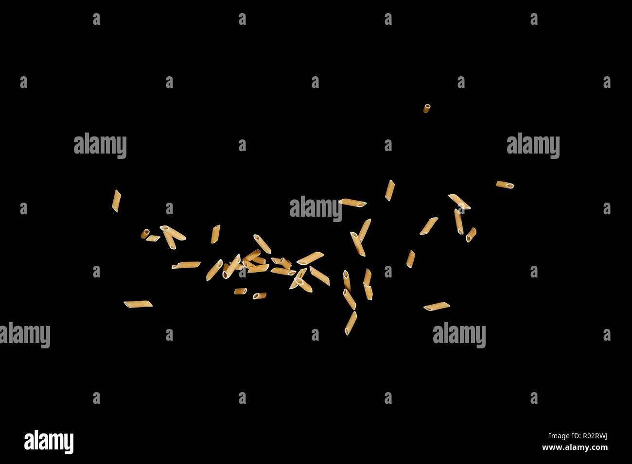 Flying pasta isolated on black background. Abstract macaroni falling ...
