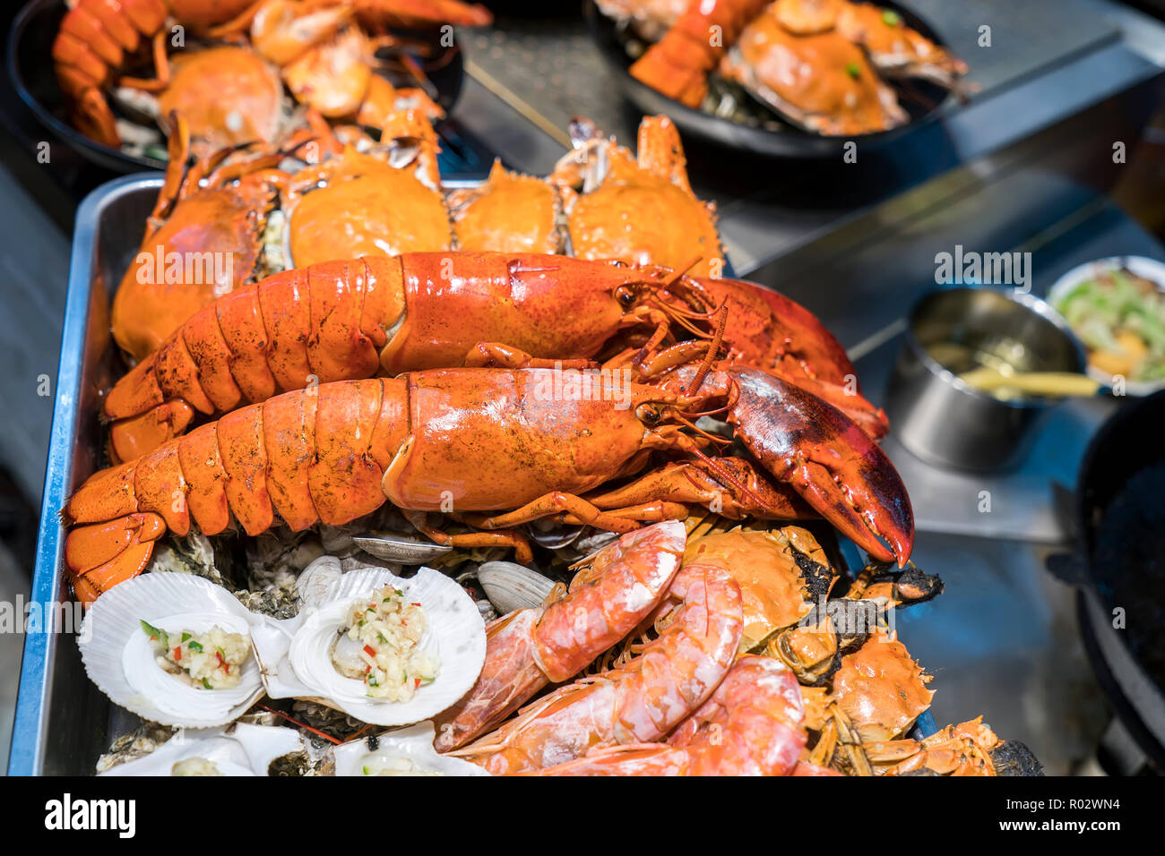 Shellfish plate of crustacean seafood with fresh lobster as an ocean ...