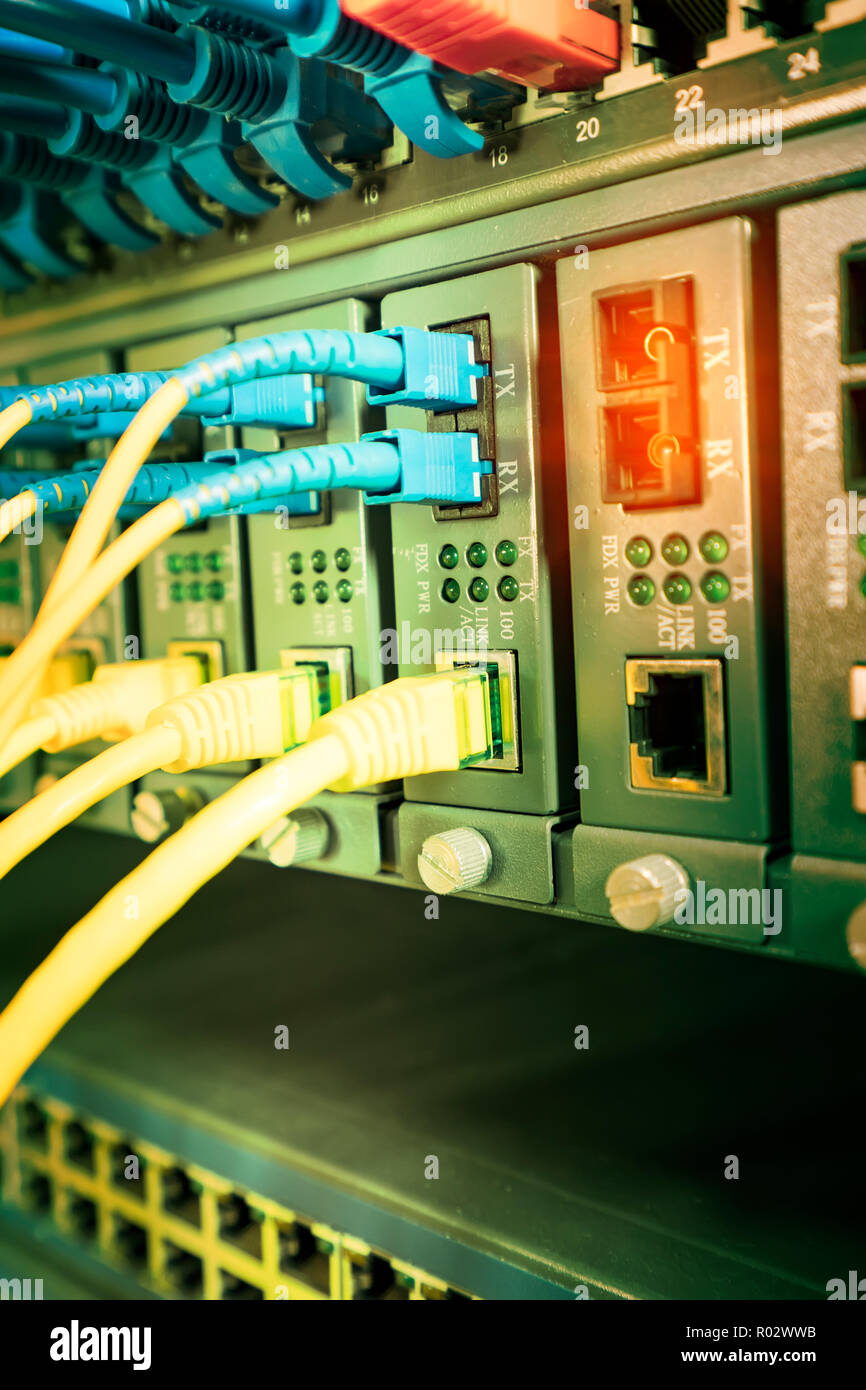 Fiber Optic cables connected to an optic ports and Network cables ...