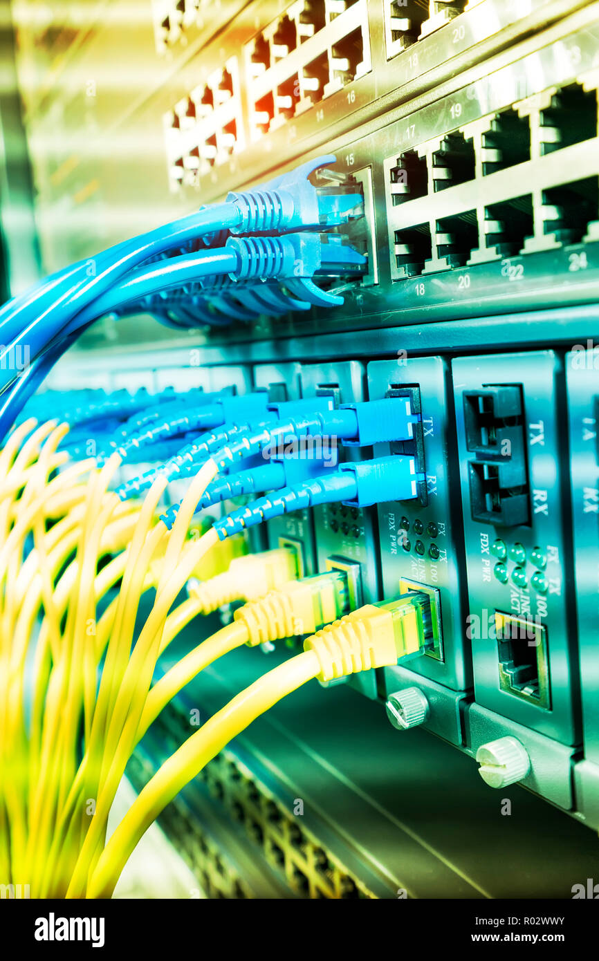Fiber Optic cables connected to an optic ports and Network cables ...