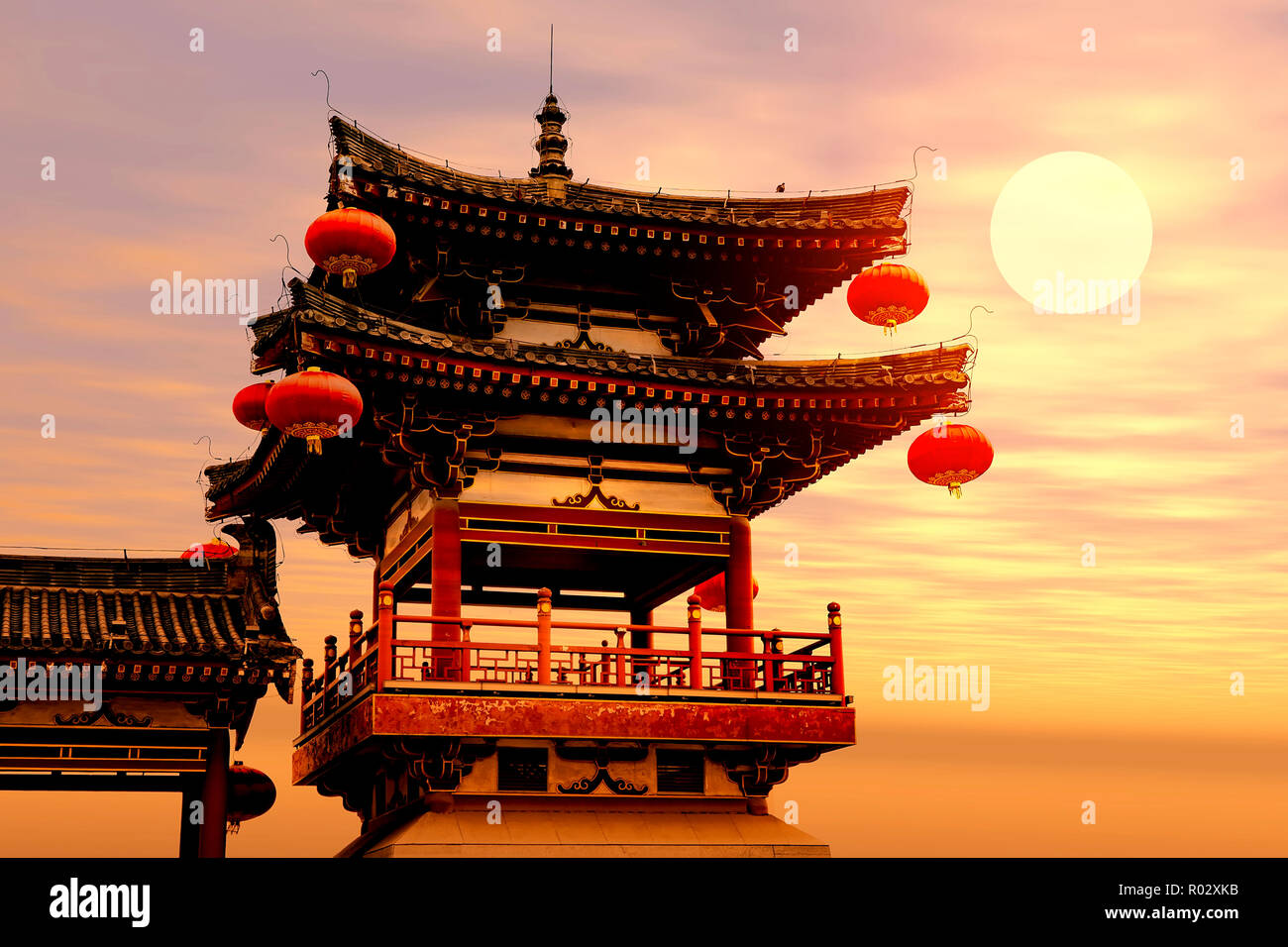 chinese temple qing long temple,xi an,china in sunset Stock Photo - Alamy